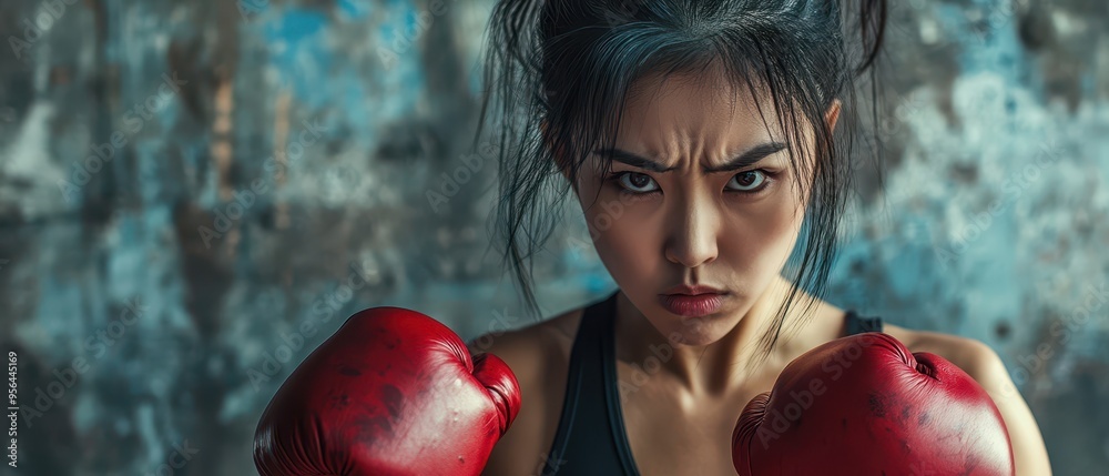 An angry Asian woman in a boxing stance, powerful posture, industrial setting, channeling anger ...
