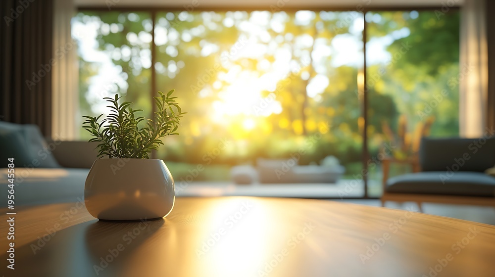 Blur living room at home with morning sunlight at big window for ...
