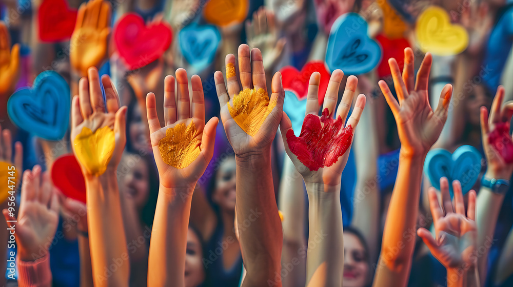 Group of diverse people with arms and hands raised towards hand painted ...