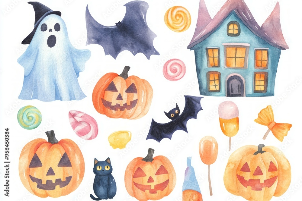 watercolor Halloween-themed clipart. Include elements such as pumpkins ...