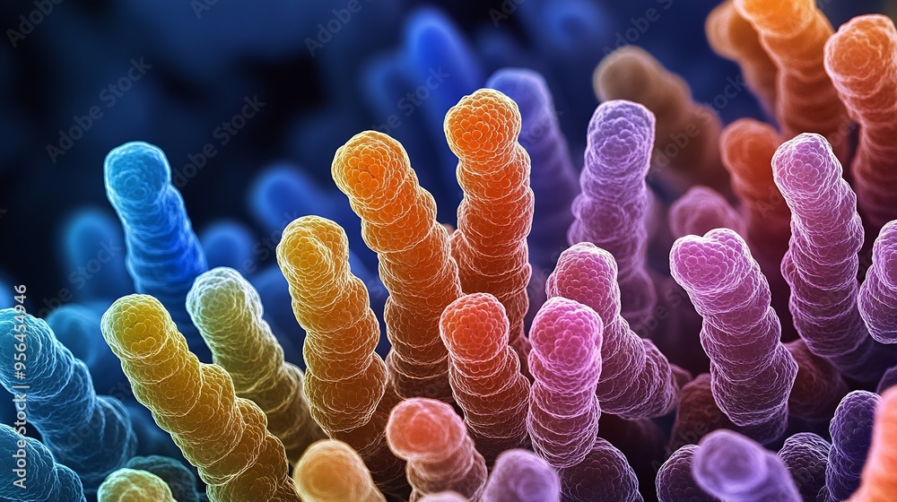 Colored scanning electron micrograph SEM of microvilli from the small ...
