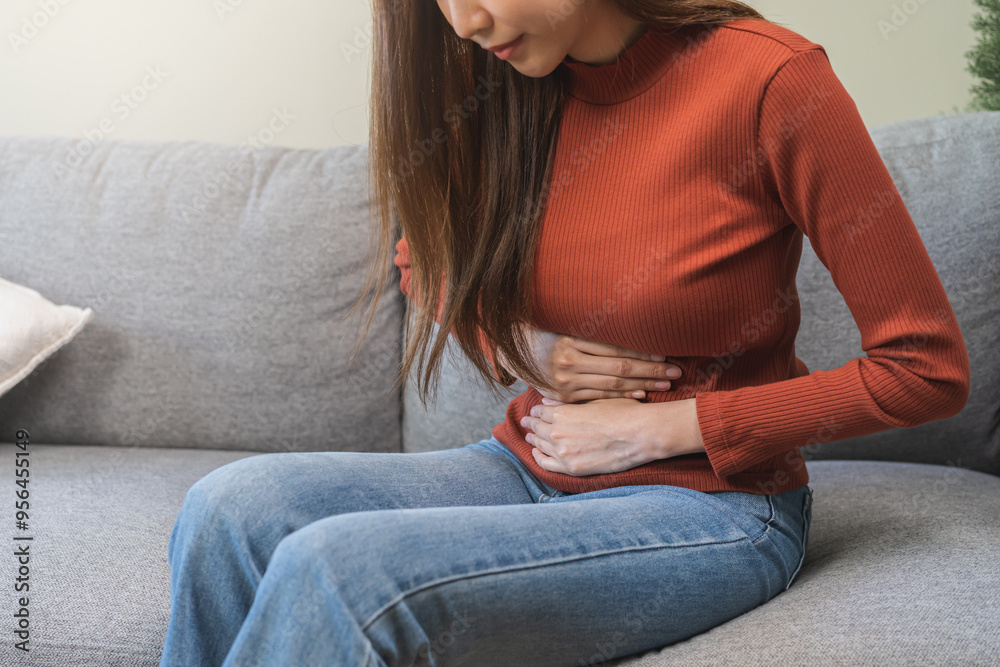 Flatulence ulcer, asian young woman, girl hands in belly, stomach pain ...