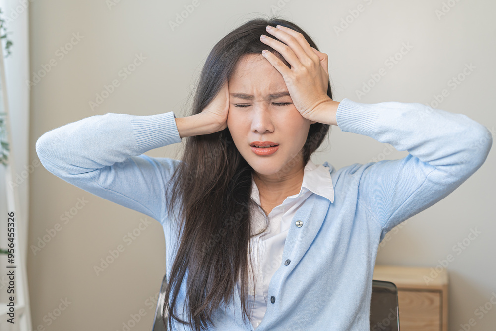 Stressed, exhausted asian young woman, girl pain from vertigo, having ...