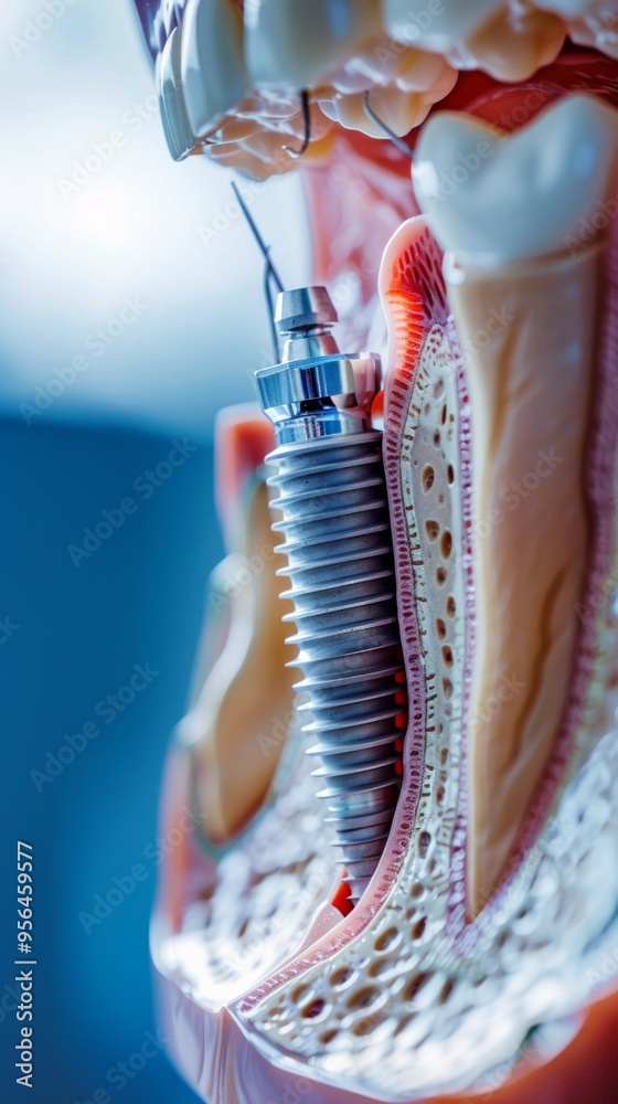 Detailed close-up of dental implant in mouth, exploded model shows ...