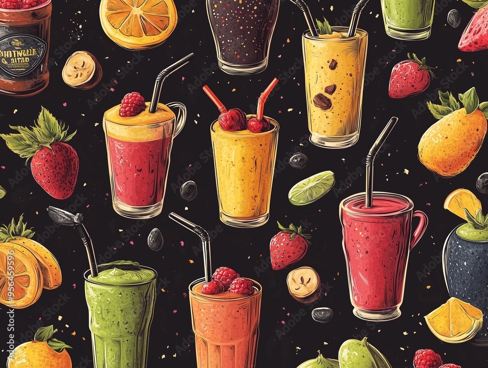 illustration of various smoothies scattered around in a cartoon style ...
