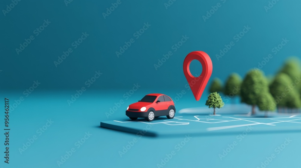 A vibrant red car parked on a map with a location pin, symbolizing ...