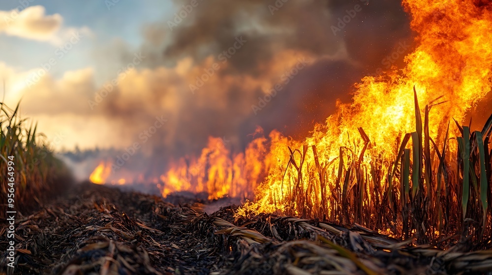 Burning Sugar cane field Saccharum officinarum fields are burned on the ...