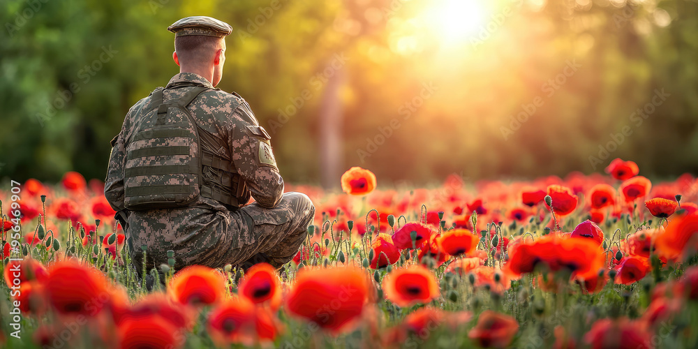 Sad soldier in military uniform sits kneeling in a poppy field ...