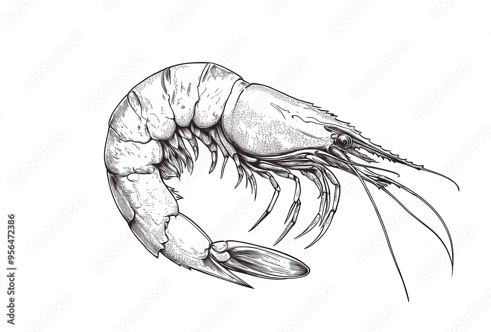 Seafood, shrimp prawn. Vintage retro print, black white seafood shrimp ...