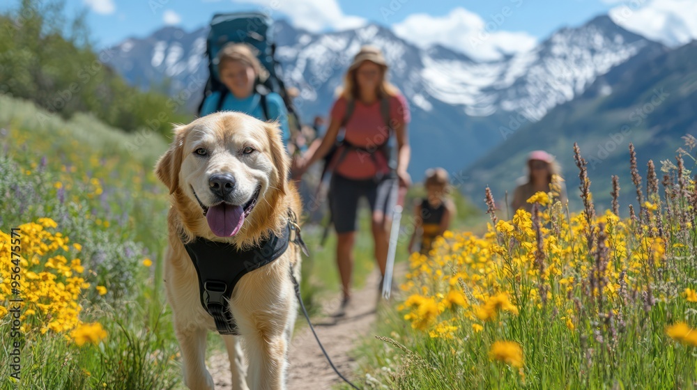 Blind family adventure hiking along a mountain trail, with a guide dog ...