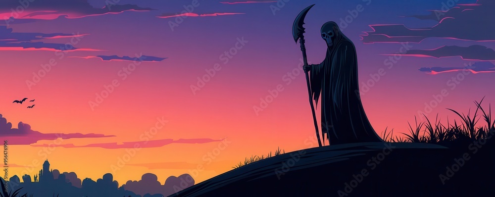 Eerie Grim Reaper in silhouette against the twilight sky, flat design ...