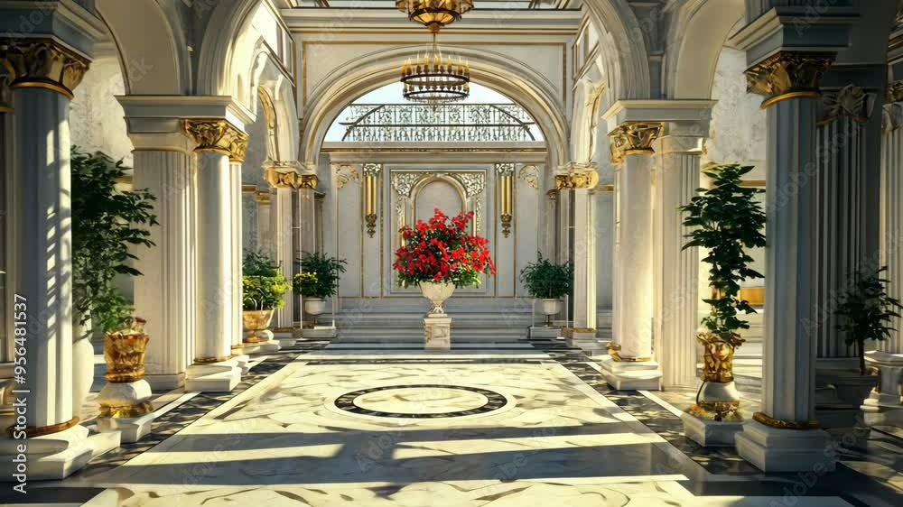 Elegant interior of a luxurious palace hall featuring ornate columns ...