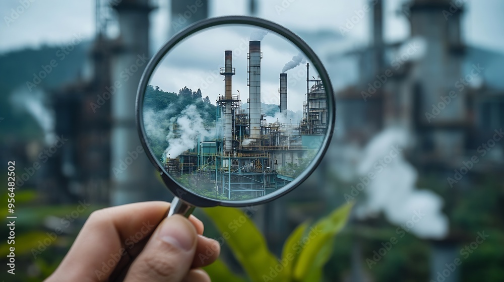 Hand holding magnifier glass and focusing to green factory among pollution manufacturing for ...