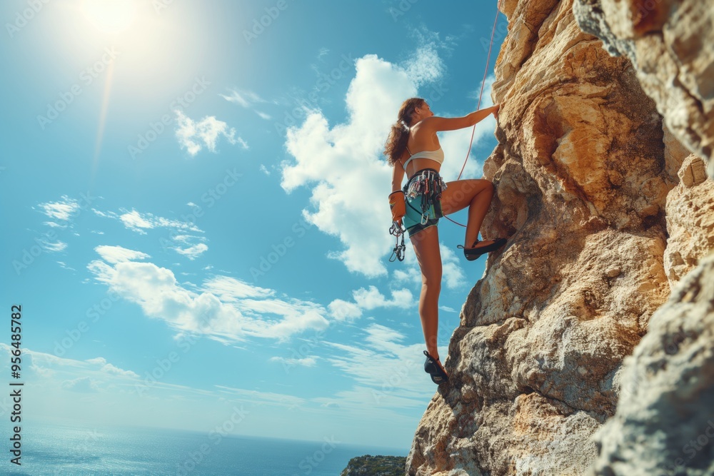 beautiful young girl rock climber. Rock climber descends from the route ...