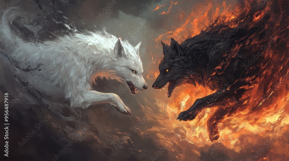 A powerful duel between a white wolf and a black wolf, representing the ...