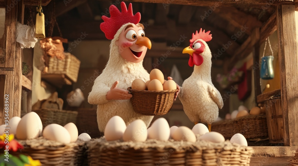 Animated chicken coop with hens laying eggs and a farmer collecting ...