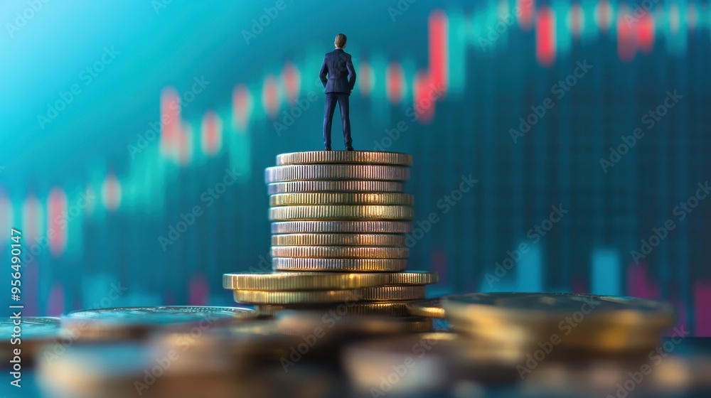 A miniature figure balances on the peak of a coin tower, overlaid with ...