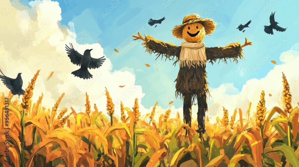 Cartoon scarecrow stand tall in a cornfield, with crows flying away and ...