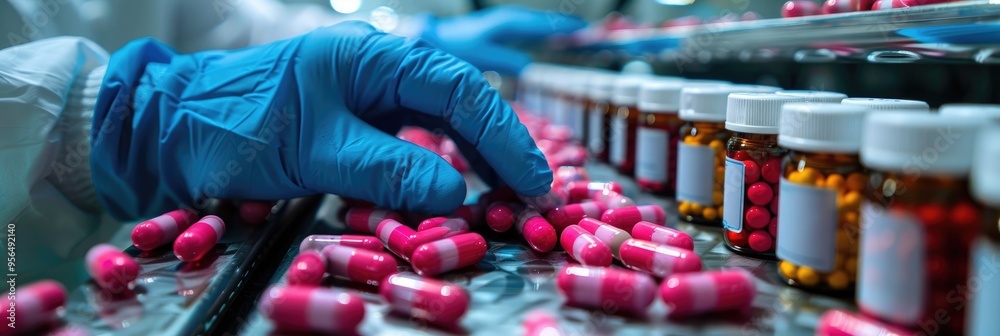 Pharmaceutical manufacturing process with gloved hand handling red ...