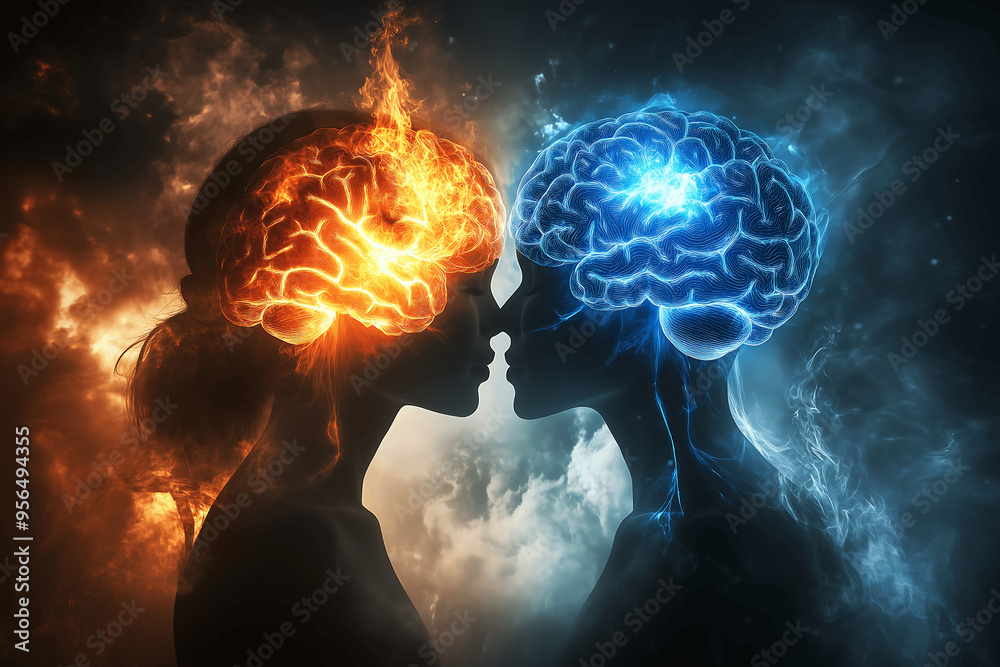 Fiery and Icy Brains Symbolizing a Passionate and Logical Connection ...