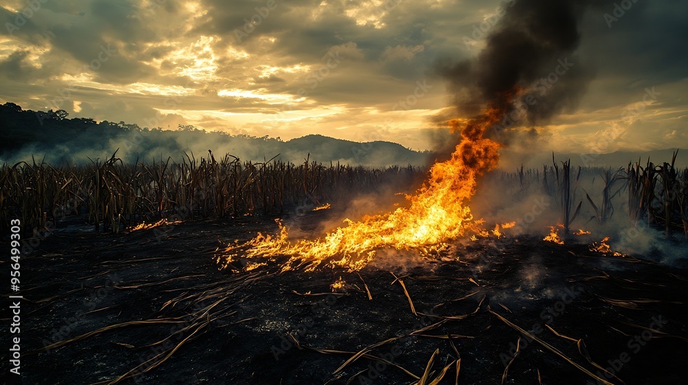 Burning Sugar cane field Saccharum officinarum fields are burned on the ...
