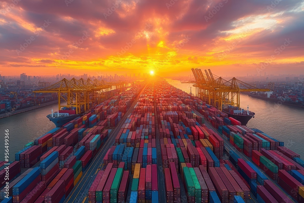 bustling container port vibrant stacked shipping containers massive ...