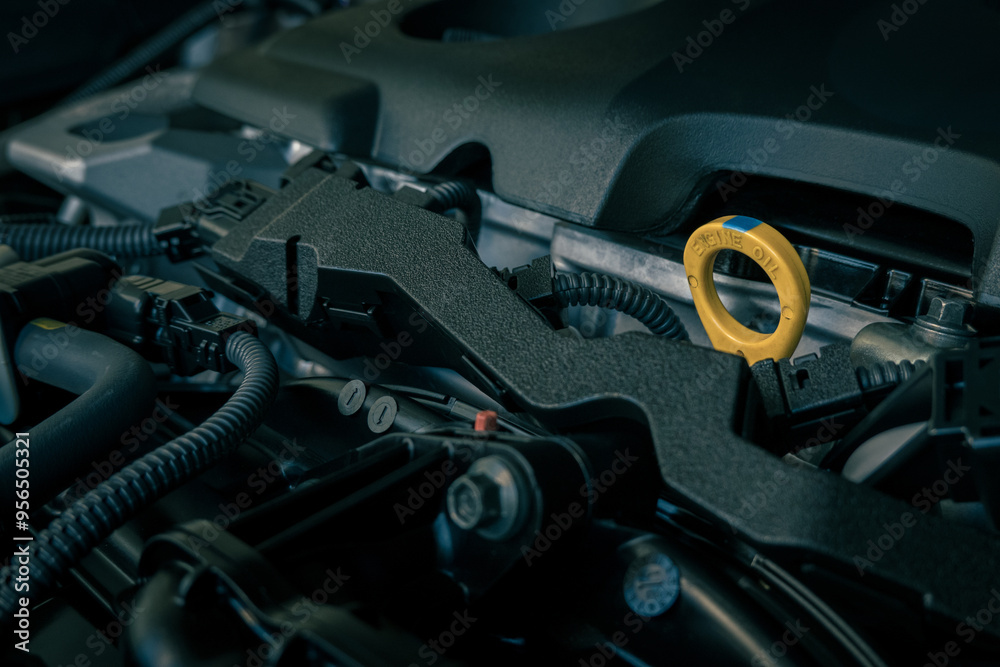 details of car engine, bright color engine oil level dipstick, handle ...