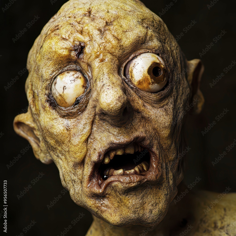 Disturbing close-up of a grotesque figure with unsettling features ...