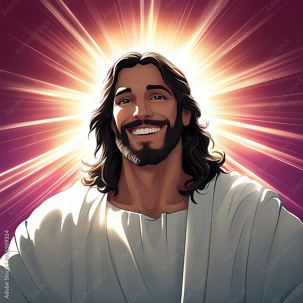 Jesus Christ smiling in rays of light on isolated background in cartoon style, showing jesus ...