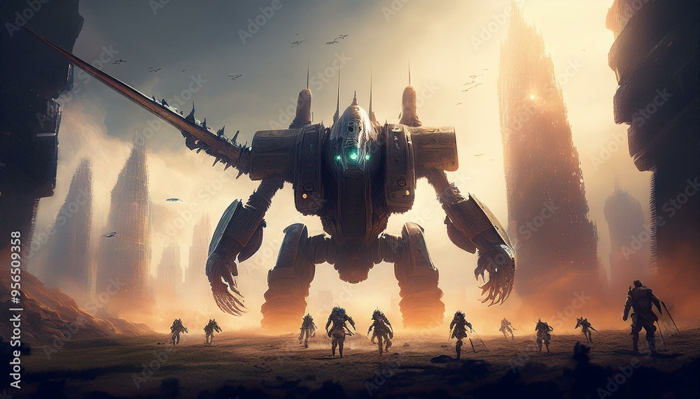 RPG Game Concept of Detailed catastrophic inside game army versus giant ...