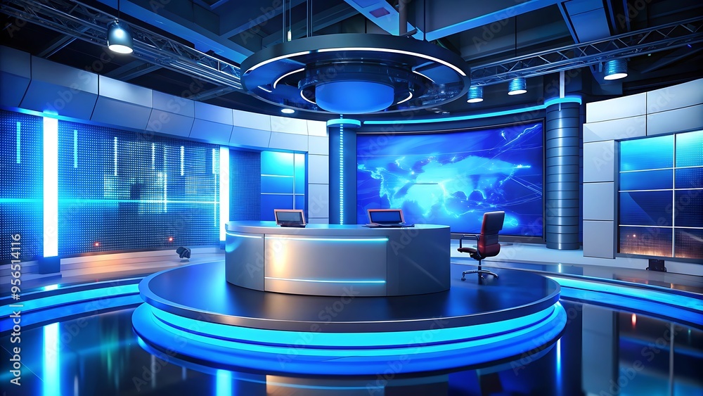 Futuristic news studio, circular center stage with video wall background, glowing blue lights ...