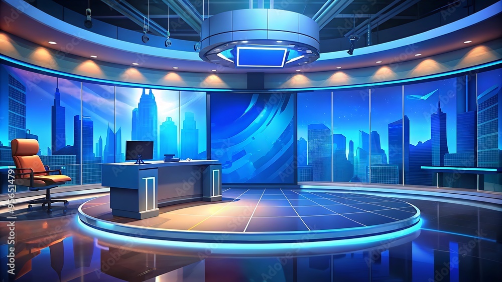 Futuristic news studio, circular center stage with video wall background, glowing blue lights ...