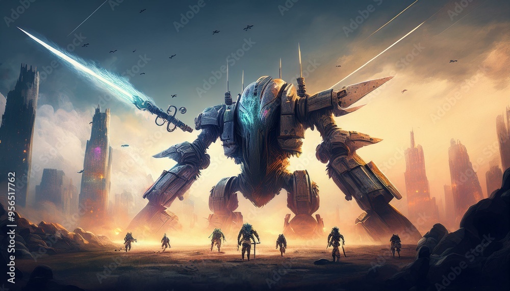 RPG Game Concept of Detailed catastrophic inside game army versus giant ...