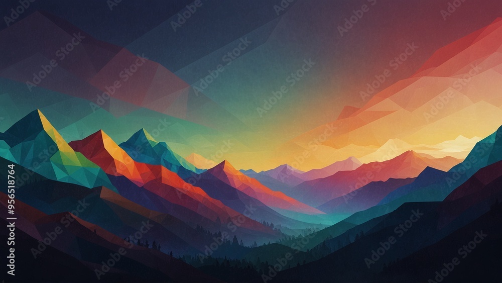 Abstract art-style mountains, where peaks are formed by polygons and geometric shapes, with a ...