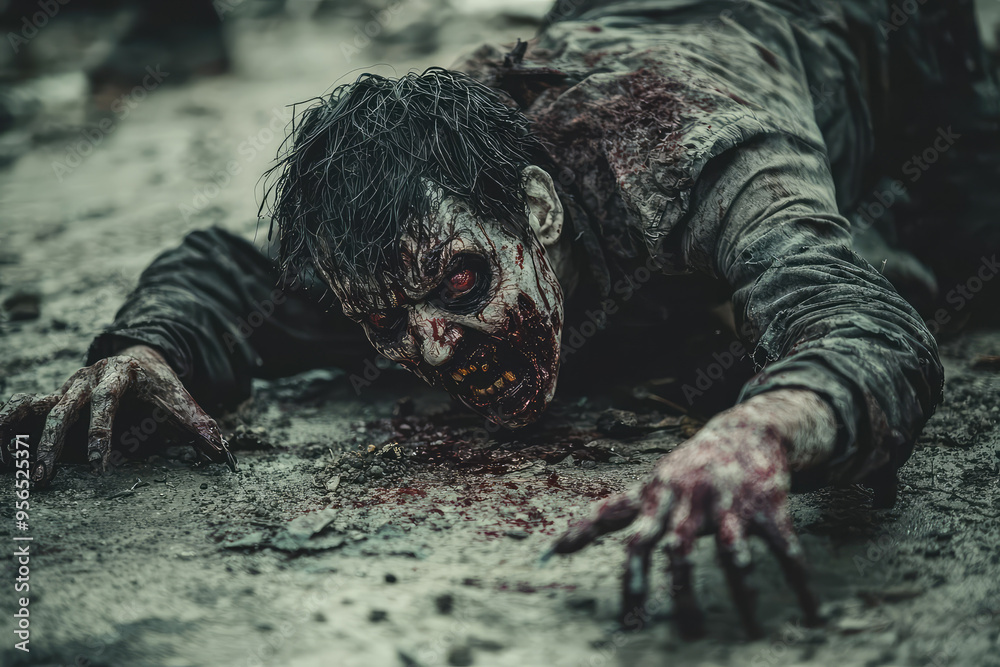 A blood-soaked zombie with torn limbs crawls across a desolate, grey ...