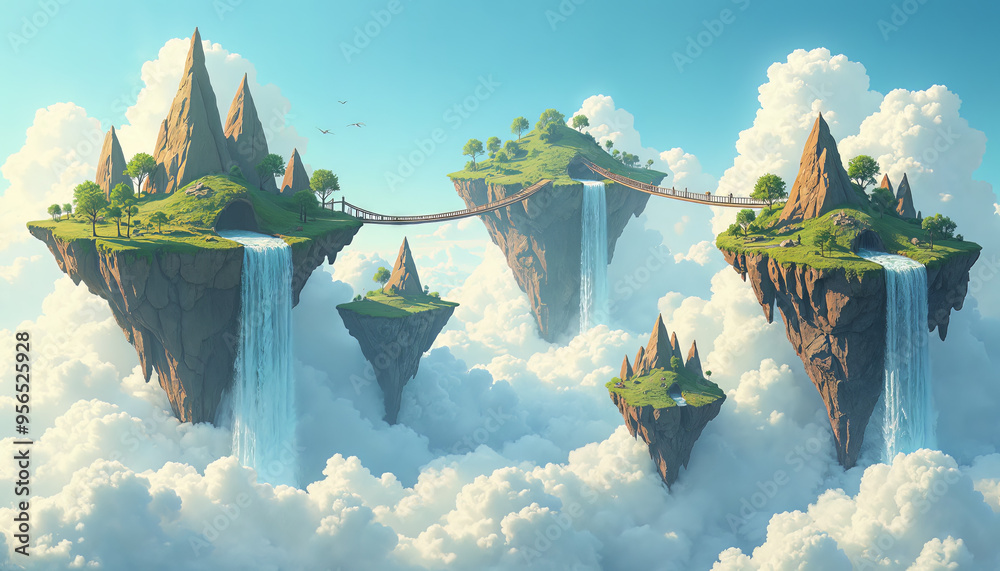 Game Background A series of floating islands in the sky, connected by ...