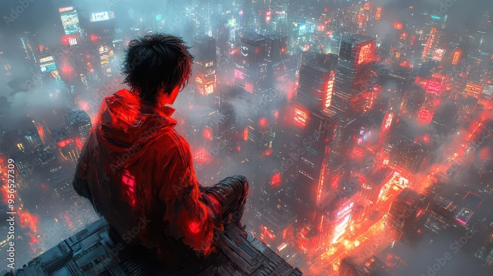 animestyle cool guy on skyscraper rooftop neon city lights below ...