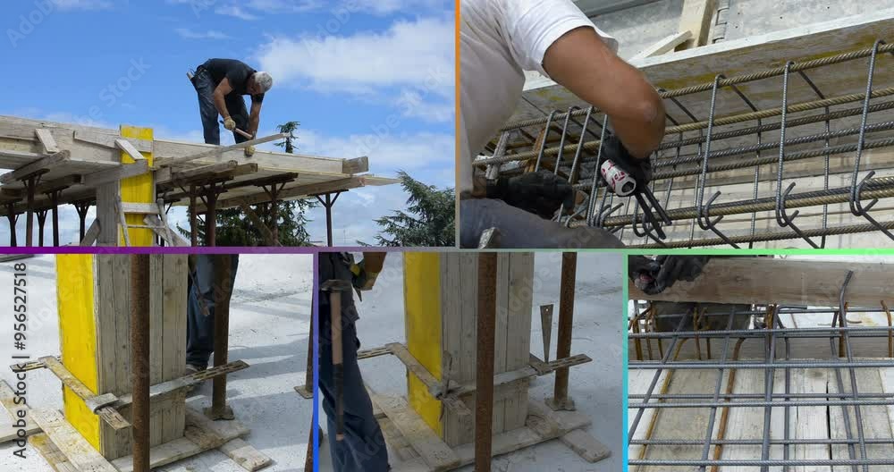 Video collage with carpenter performing formwork work for reinforced ...