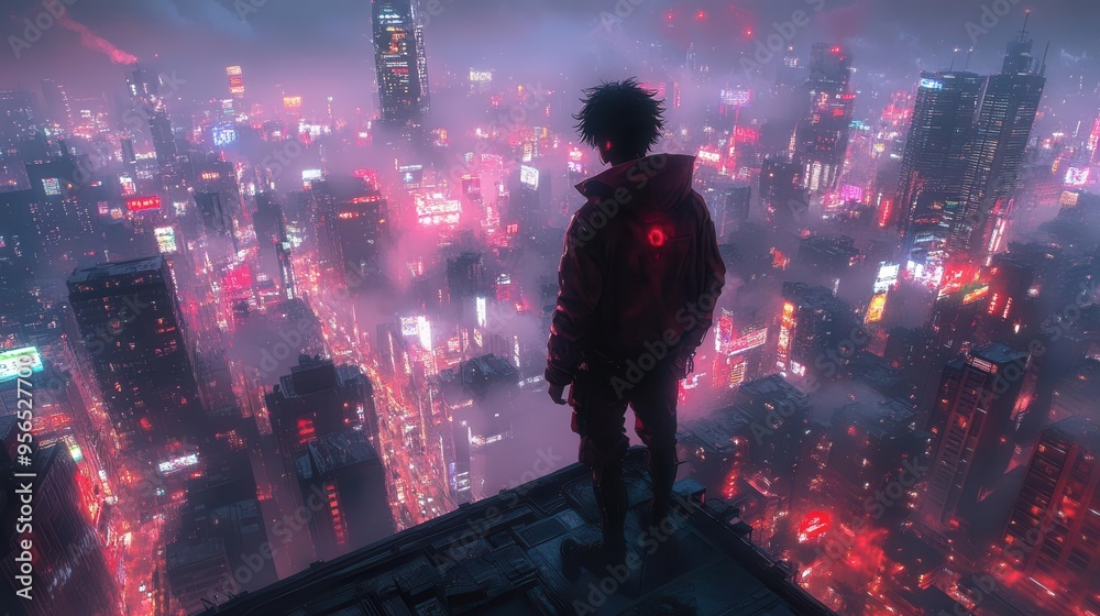 animestyle cool guy on skyscraper rooftop neon city lights below ...