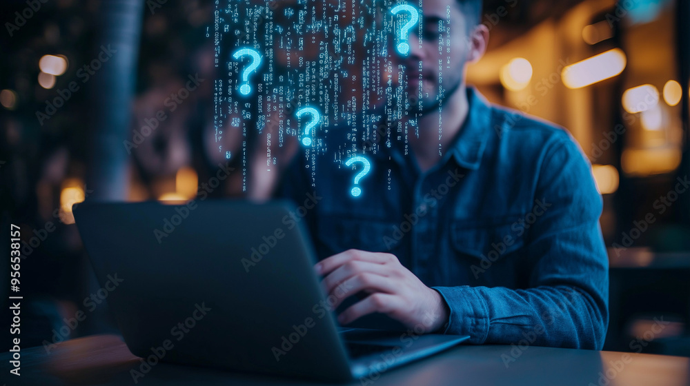 A man at a cafÃ© works on his laptop, with question marks made of ...