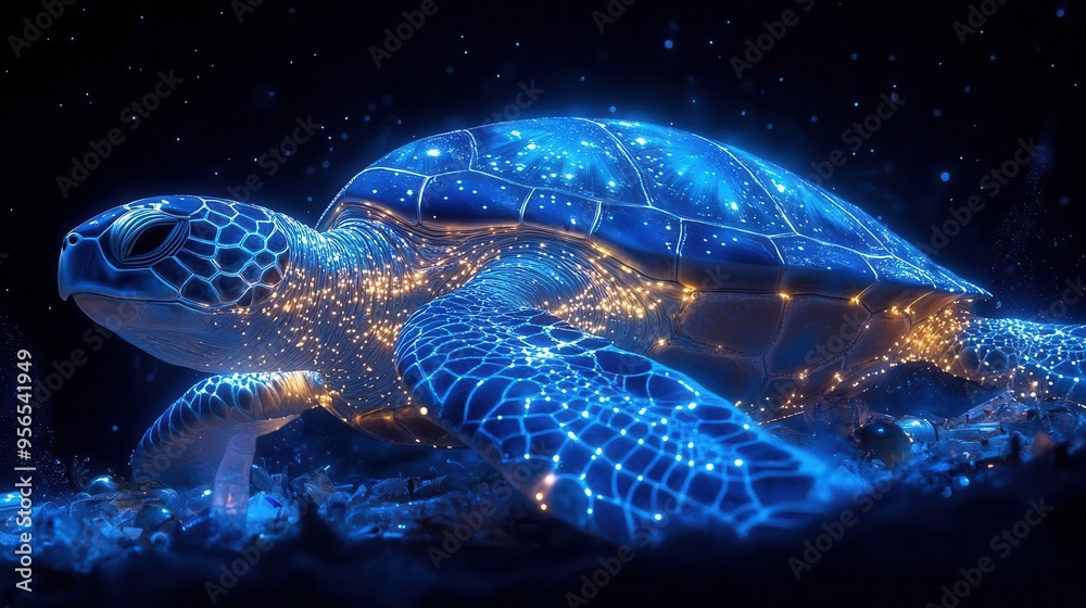bioluminescent sea turtle navigating through plastic debris glowing ...