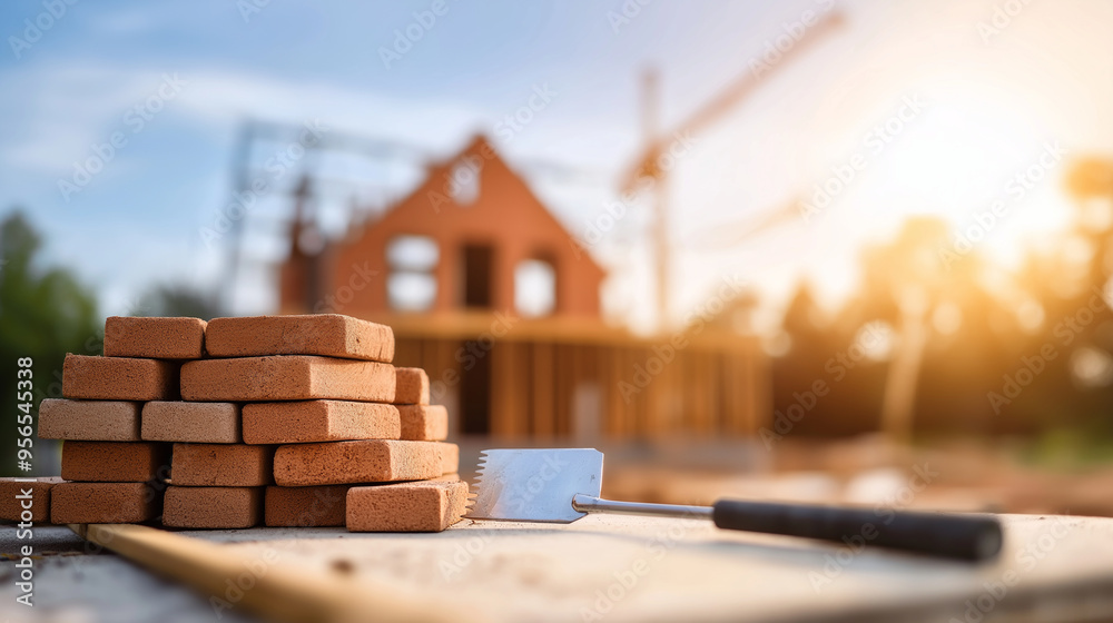 Stacks of bricks and a trowel on a makeshift table, with the blurry ...