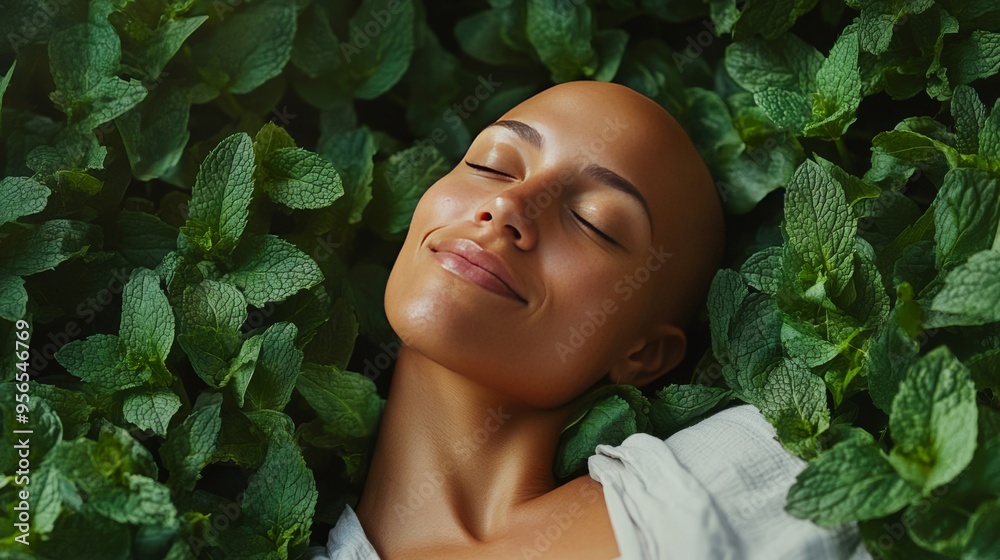 Sleeping amid a sea of mint green leaves, a bald woman radiates calm ...