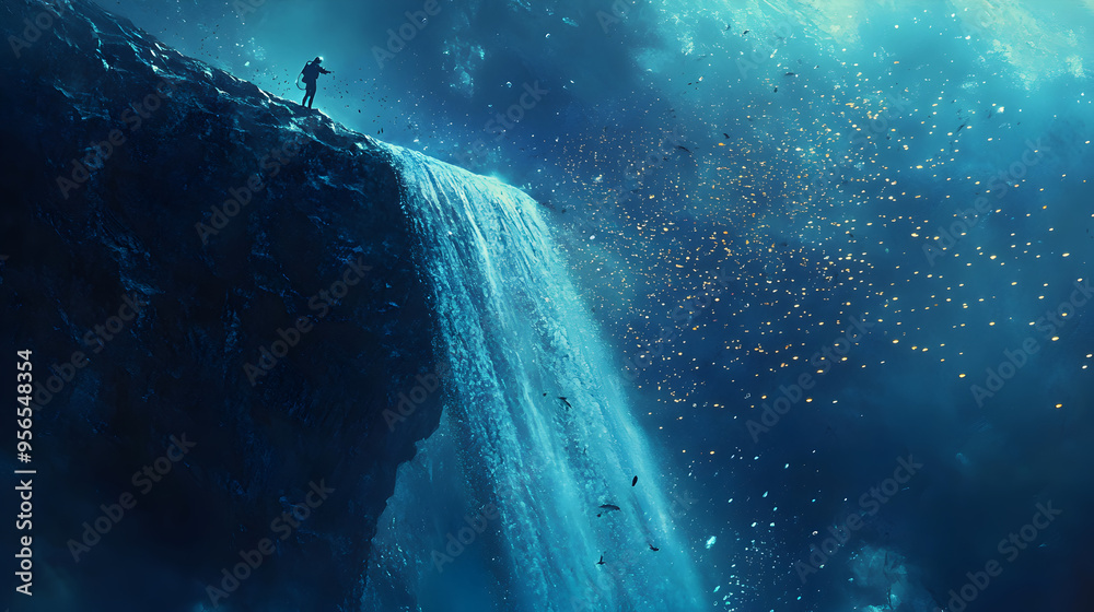 A massive underwater cliff face, with a waterfall of sand cascading ...