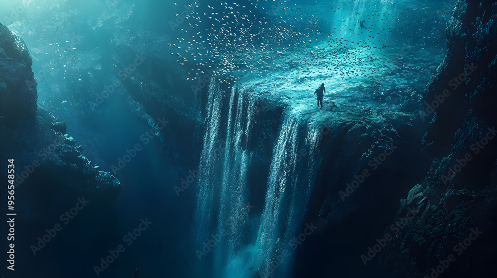 A massive underwater cliff face, with a waterfall of sand cascading ...