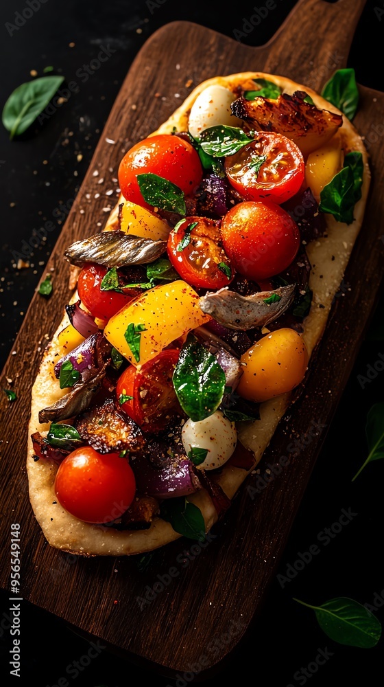 A freshly baked Spanish coca flatbread topped with roasted vegetables ...