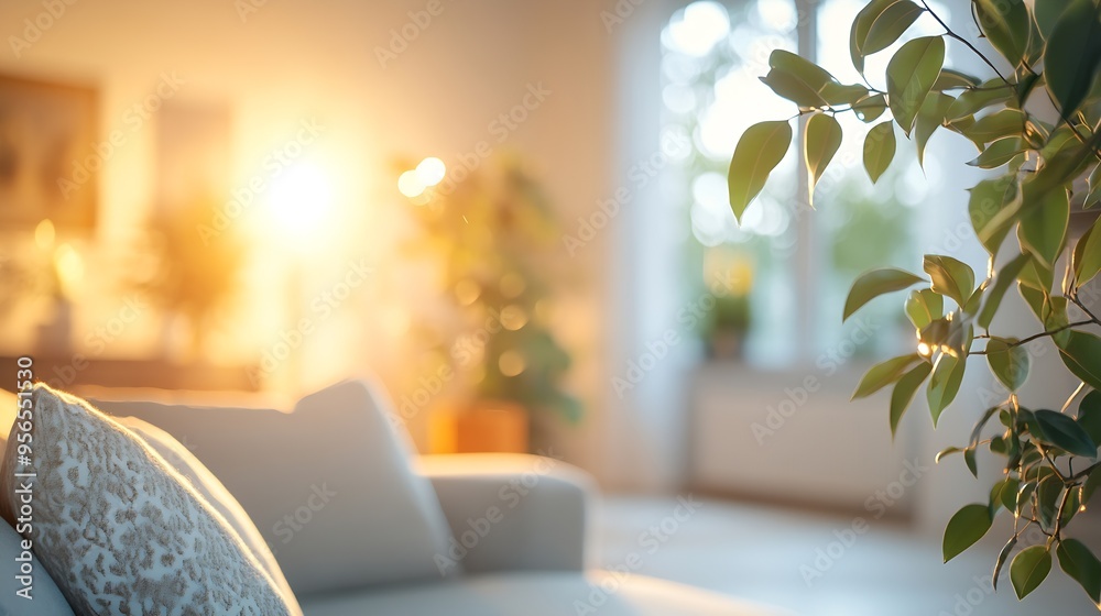 Blur living room at home with morning sunlight at big window for ...