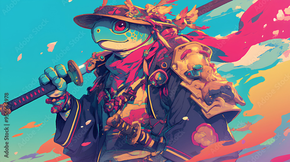 Cute turtle wearing Japanese samurai armor, cool poses, cute kawaii ...