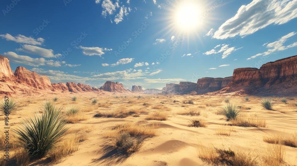 midday desert scene with the sun blazing high above, casting harsh ...