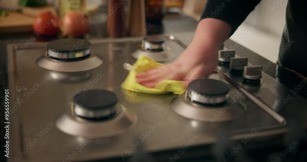 Hand, cleaning stove and wipe with cloth in home for hygiene ...